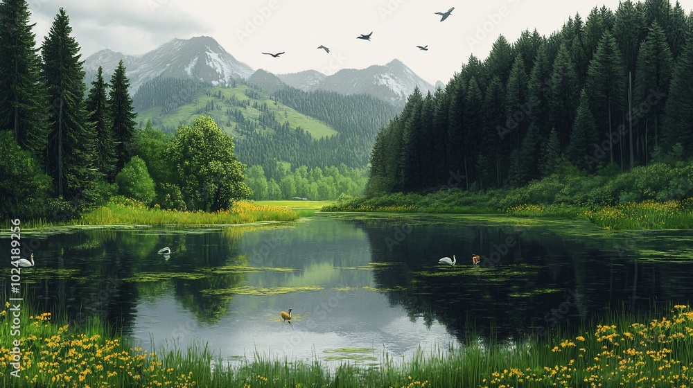 2d nature artwork, green pastures, still water reflection, foraging ...