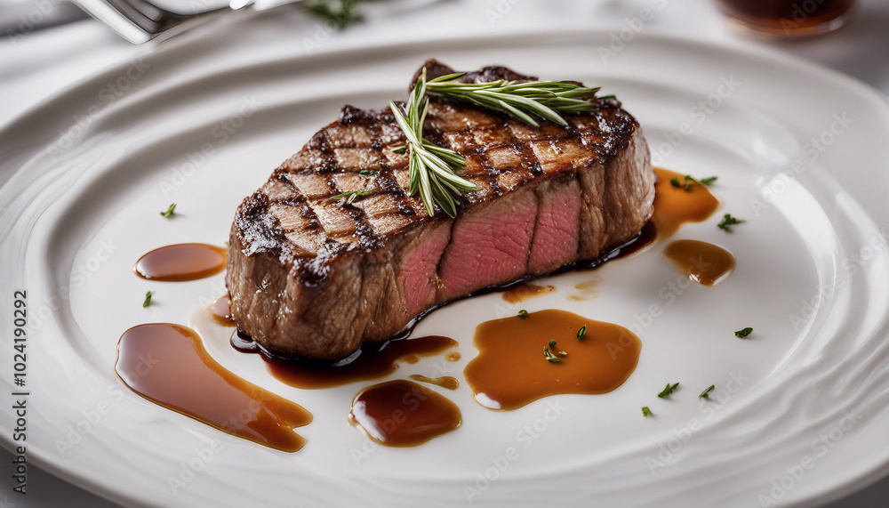 Perfectly grilled steak on a white plate in a luxury restaurant setting ...