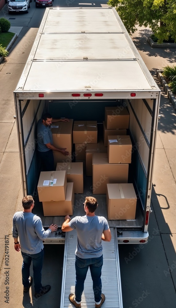 Aerial view of movers loading office furniture and boxes into a moving ...