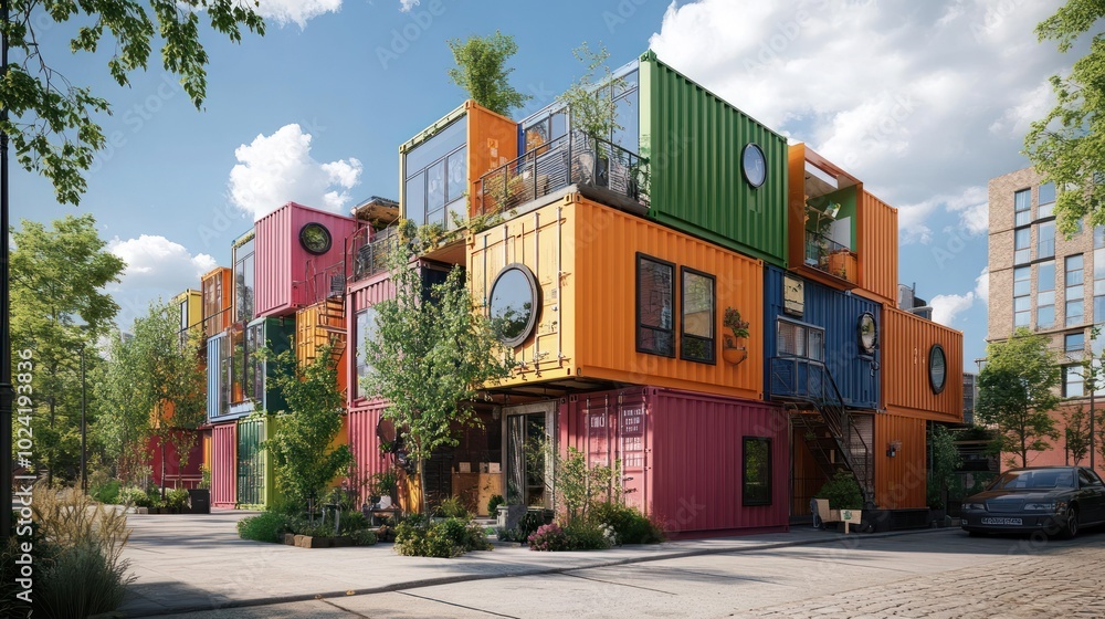 A housing project in progress using recycled shipping containers ...