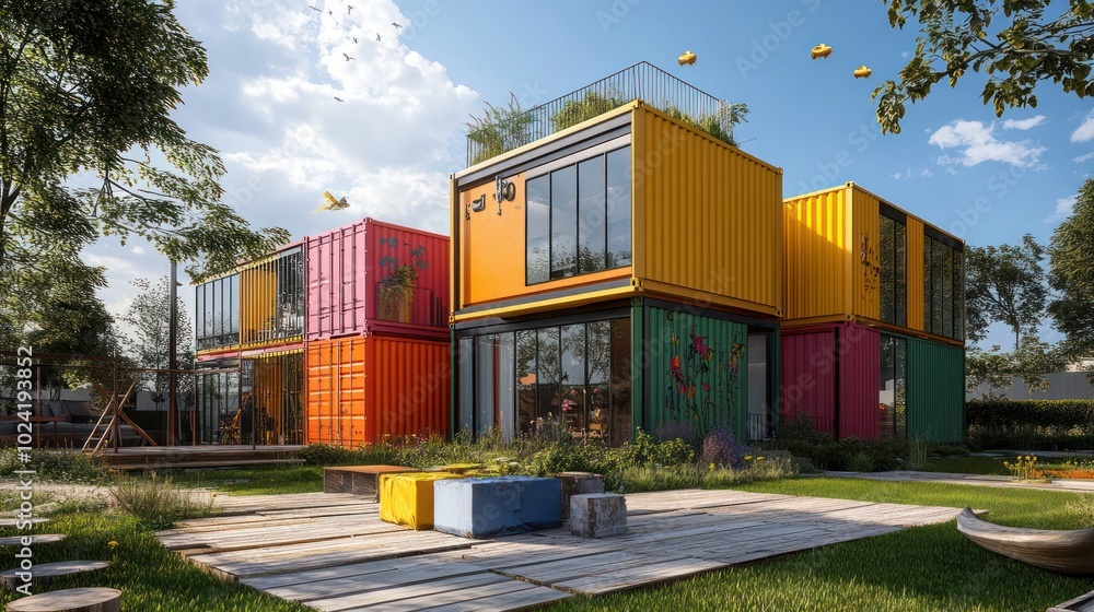 A housing project in progress using recycled shipping containers ...