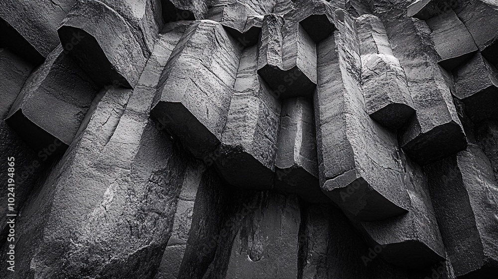 2410_191.monochromatic basalt column formation, intricate hexagonal ...