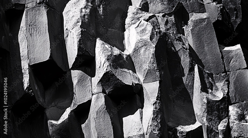 2410_195.dramatic basalt cliff detail, chiseled hexagonal rock ...