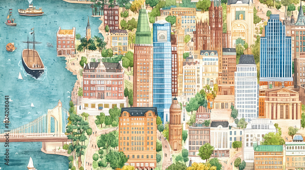 Cartoon drawing doodle map of Manhattan, New York City, NYC, top-down ...