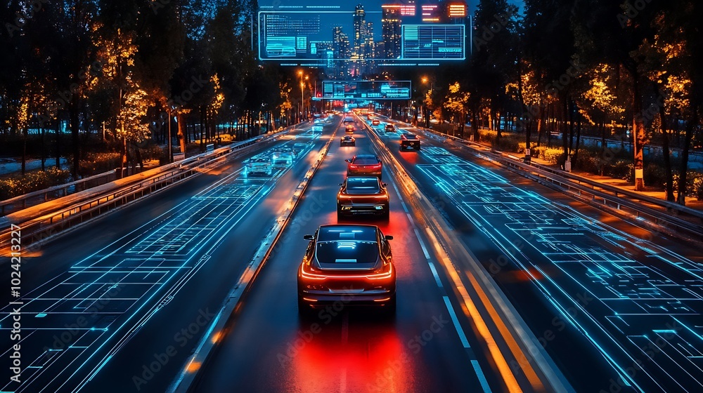 Electric self-driving car on a smart highway, interactive data ...