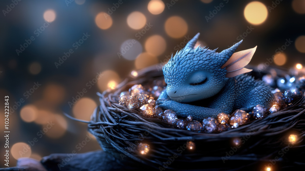 baby dragon curled up in nest of glittering gems, exuding sense of ...