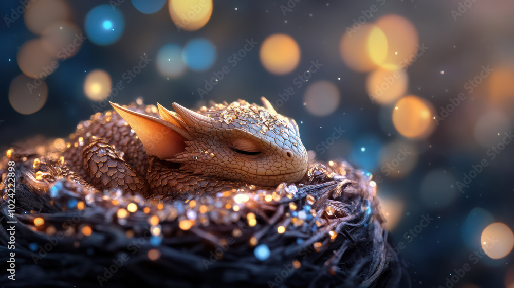baby dragon curled up in nest of glittering gems, surrounded by magical ...