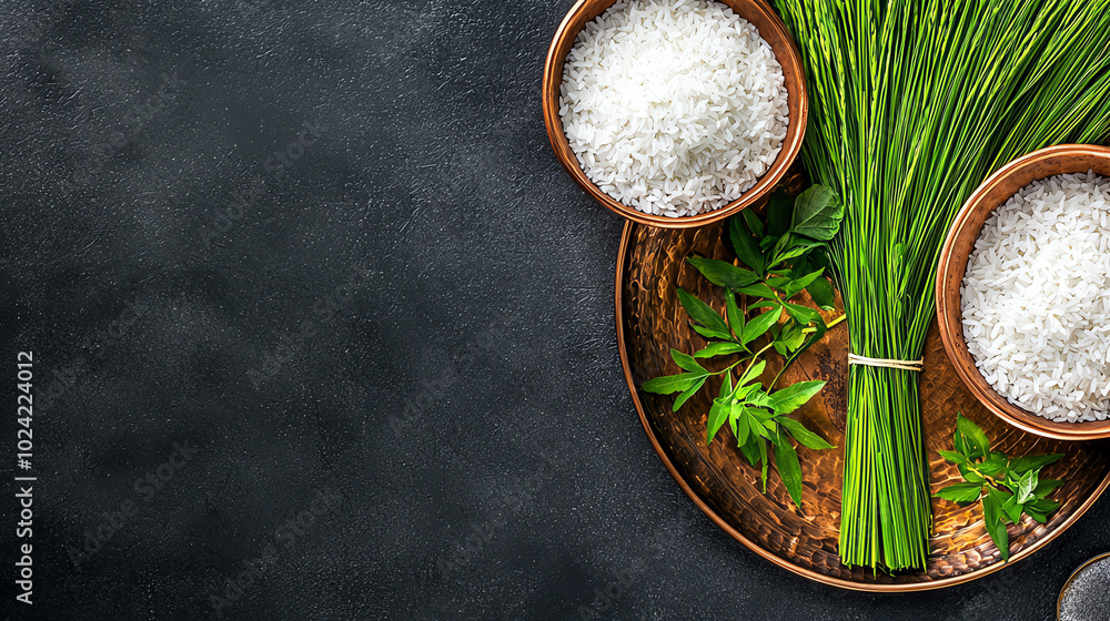 A top view of the durva grass and akshat rice being arranged in a ...