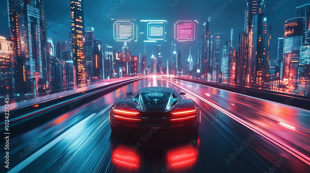 Self-driving car on a high-tech highway, floating holographic data ...