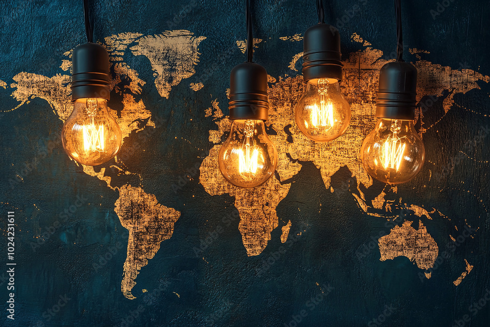 Global innovation network represented by lightbulbs and lines on a ...