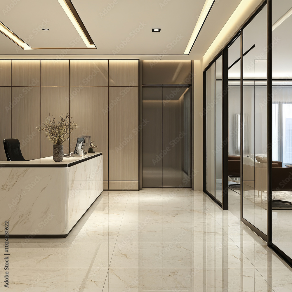 Modern office reception area with elegant design, featuring sleek front ...