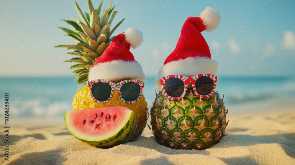 Santa Claus pineapple and watermelon couple wearing stylish sunglasses ...