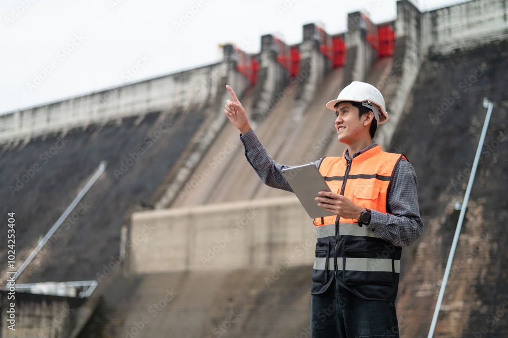 Smiling young Asian civil engineer standing with his arms crossed ...