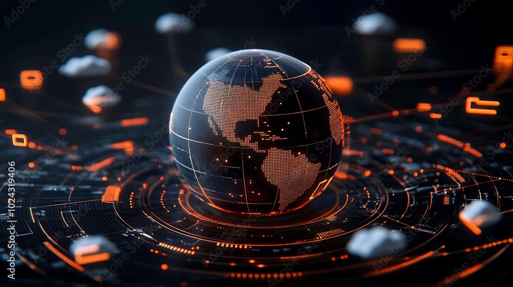 Cyber World with Floating Network Icons: A futuristic representation of ...
