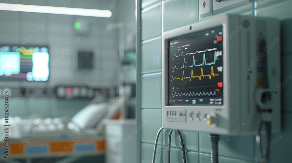A hospital room featuring a heart monitor displaying vital signs, along ...