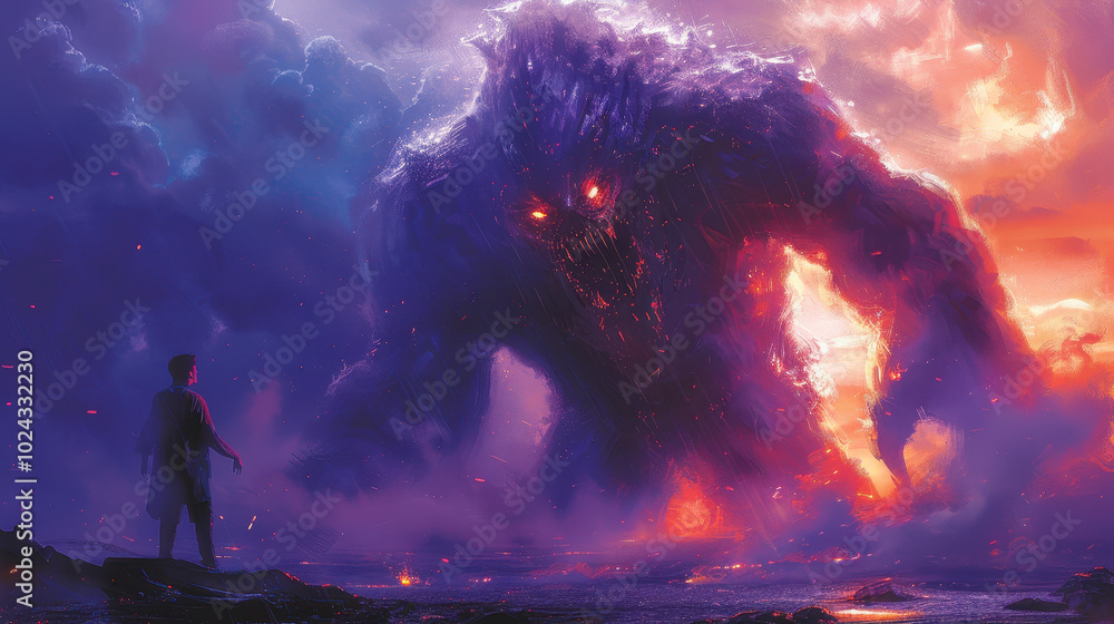 Epic Night Battle Between Human and Giant Alien Monster, Digital Art ...