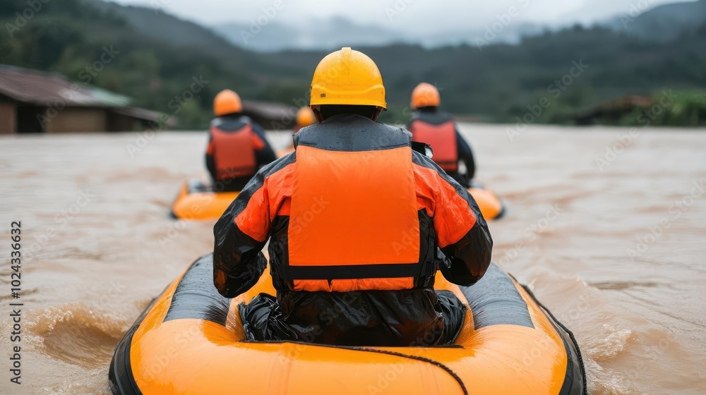 Rescue teams navigating through floodwaters in boats, helping stranded ...