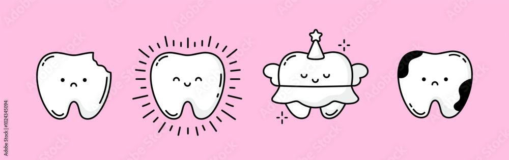 Set of cute little teeth on pink background. Collection of dental ...