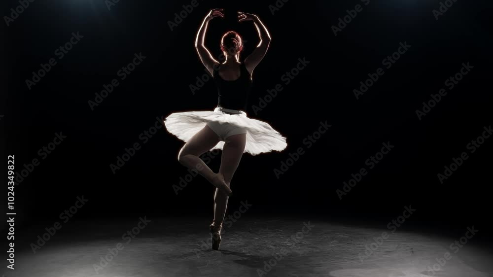 Ballerina dancing alone on stage, professional ballet dancer, silhouette in dark . Beauty and ...