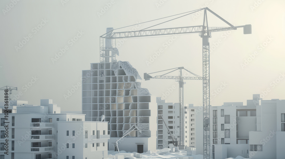 image depicts construction site with cranes and partially demolished ...