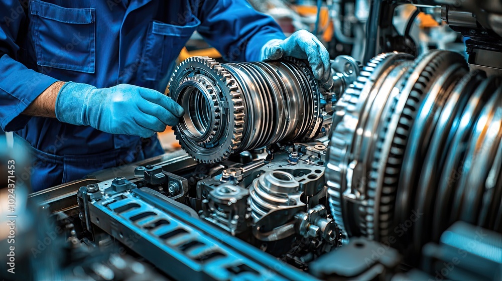 mechanic working on a gearbox, engine parts, and machinery in a modern ...