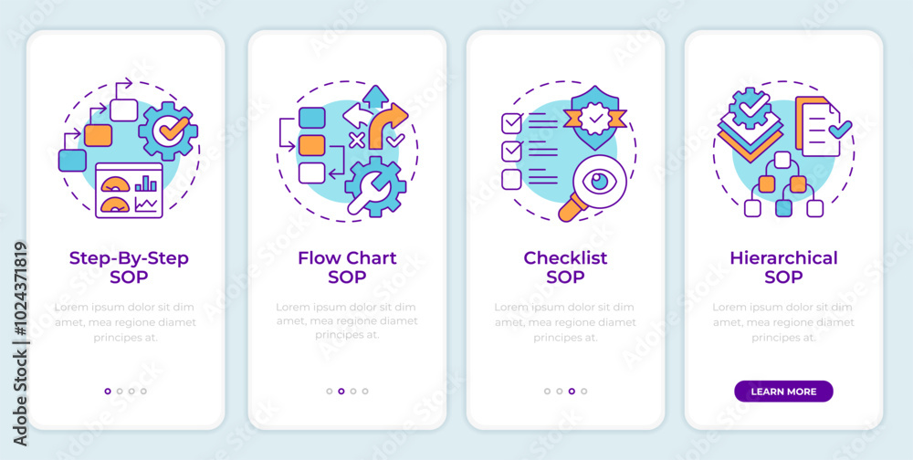 SOP format types onboarding mobile app screen. Walkthrough 4 steps ...