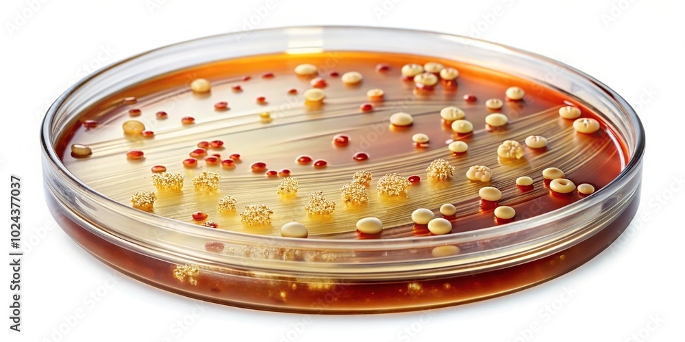 Symmetrical red colonies of bacteria Escherichia coli on Petri dish ...
