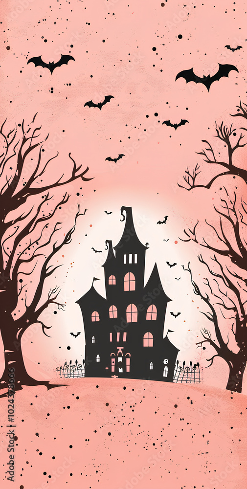Halloween-themed haunted house with a pastel pink background,gothic ...