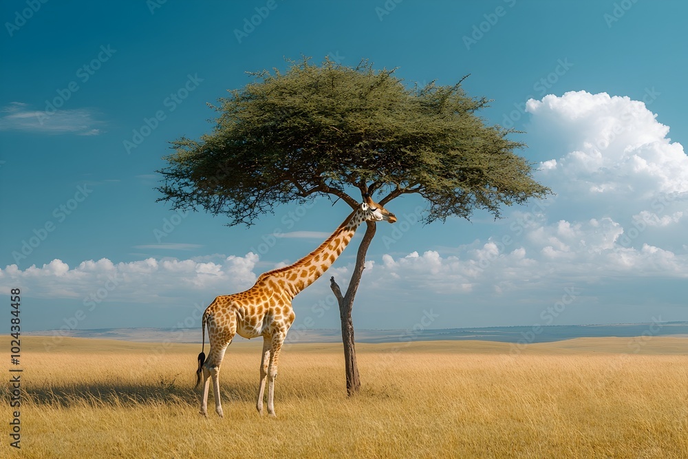 a peaceful scene of a giraffe stretching its long neck to reach the ...