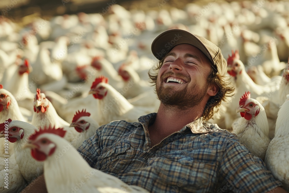 Man is surrounded by large flock of chickens and is smiling. Concept of ...