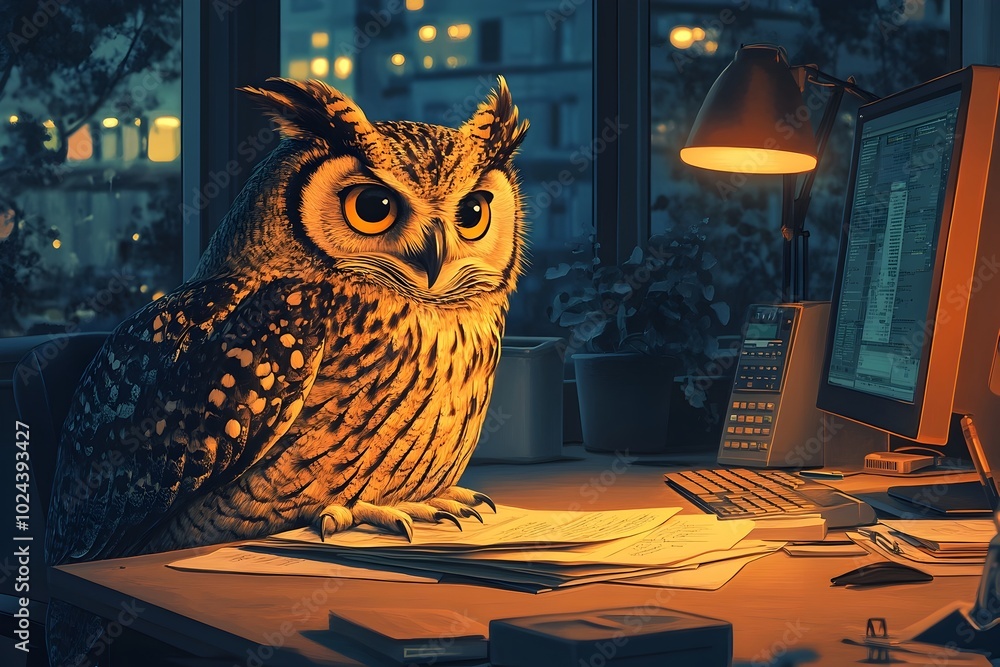 Surreal of Nocturnal Owl Working Late in Corporate Office at Night ...