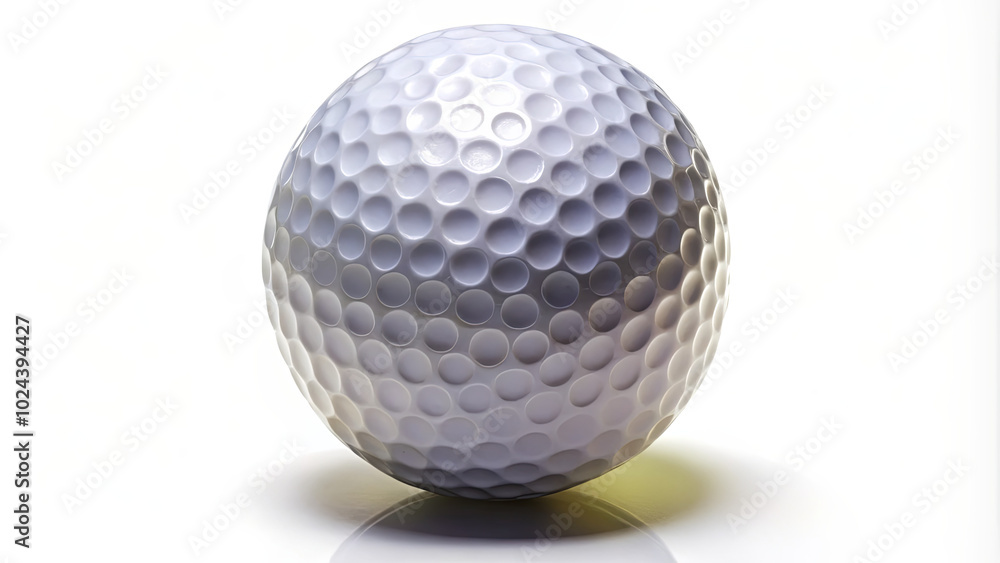 The white golf ball rests on a smooth, reflective surface, highlighting ...