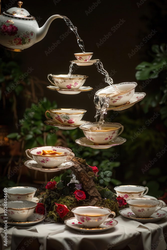 An elegant and whimsical still life photograph of a teapot and teacups ...