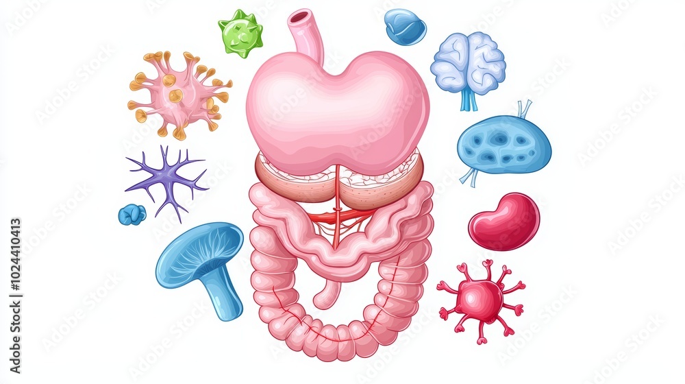 A detailed view of a human digestive system, with organs such as the ...