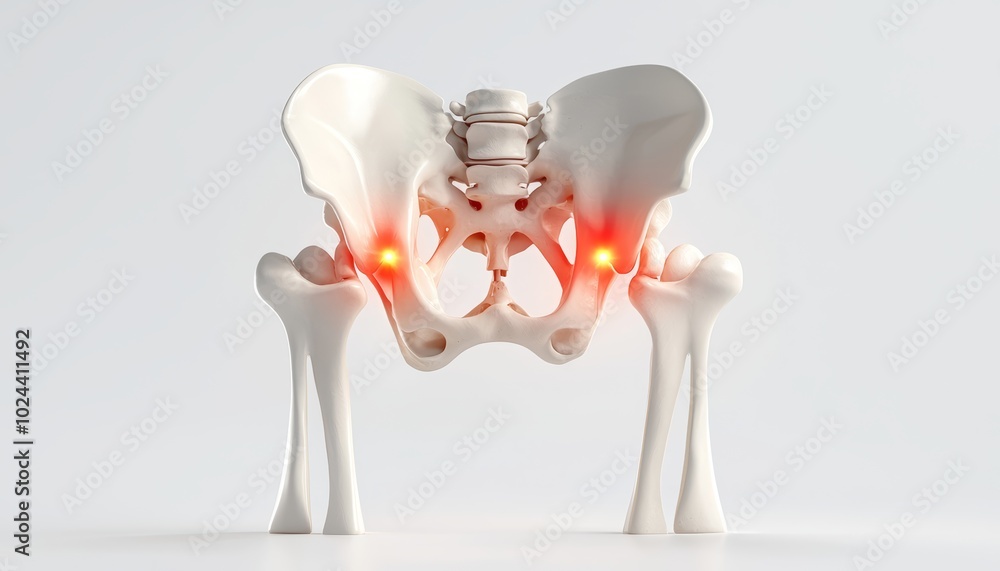 A front-facing 3D rendering of the human hip joint, showing the bones ...