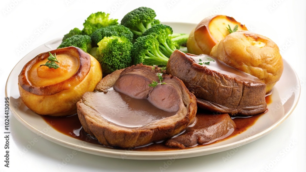 Traditional British roast beef dinner with Yorkshire pudding, roast ...