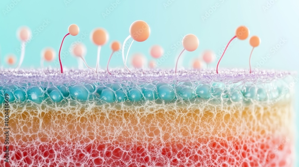 A transparent view of skin layers in 3D, with nerve endings, sweat ...