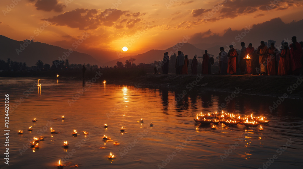 evening on Chhath Puja, people gather on the river bank with offerings ...