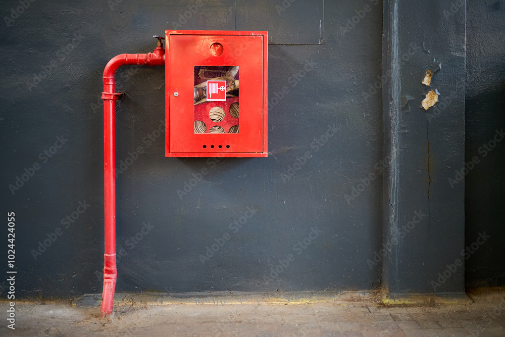 Fire hose in red box. Pipe roll for fire emergency in red metal cabinet ...