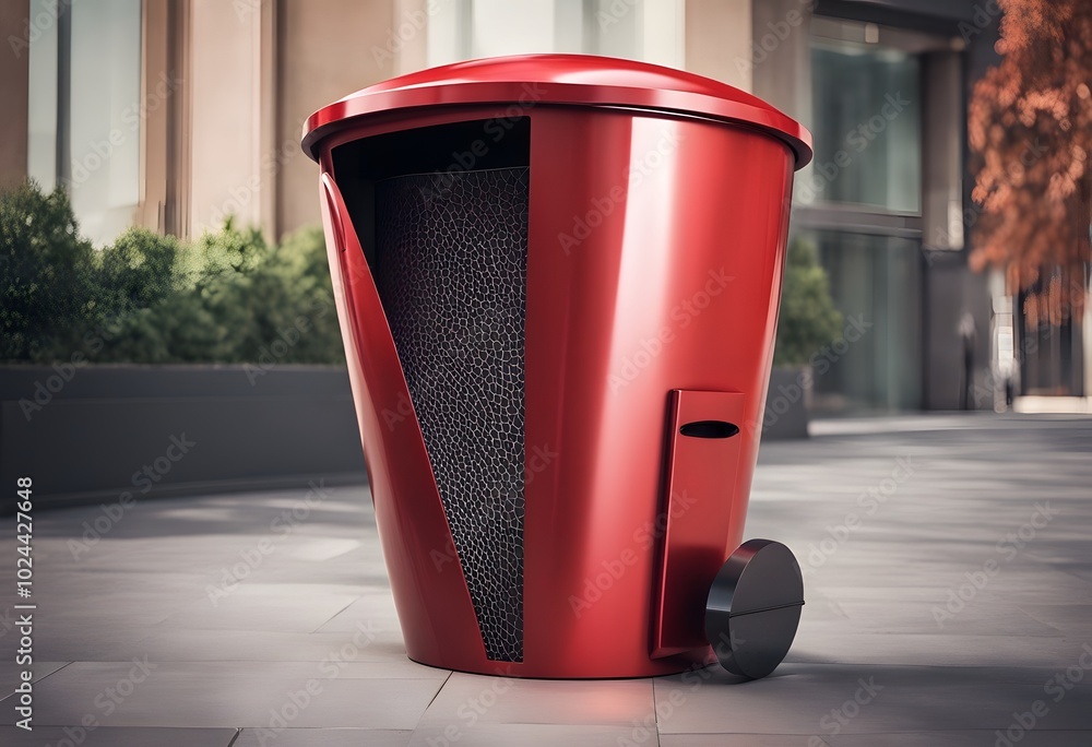 Modern Red Garbage Bin, Black Trash Can on Street, Metal Waste Bin for ...