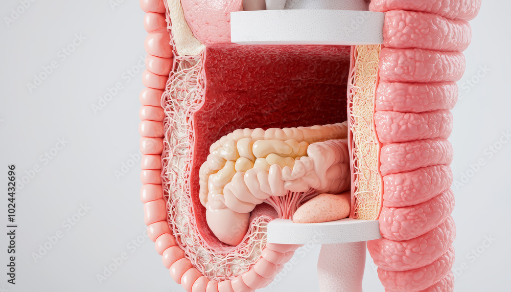 A zoomed-in 3D model of the small intestine, with the internal lining ...