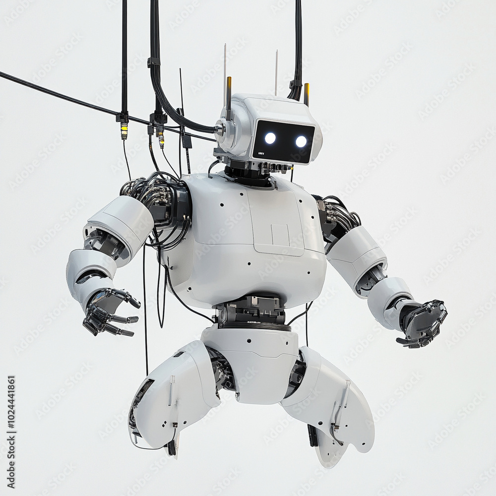 Suspended Robot: A futuristic white robot hangs mid-air, showcasing ...