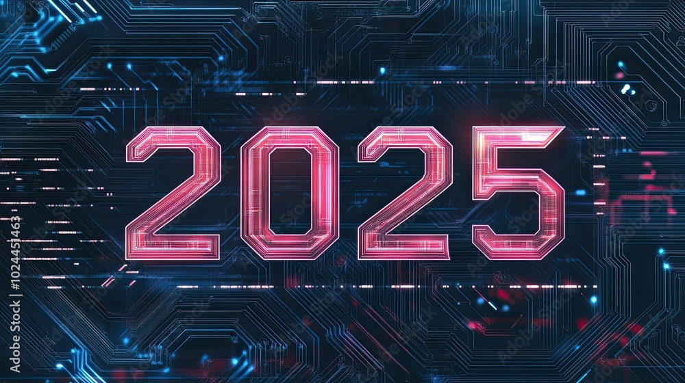 Hi-tech banner featuring "2025" in sleek digital font with circuit ...