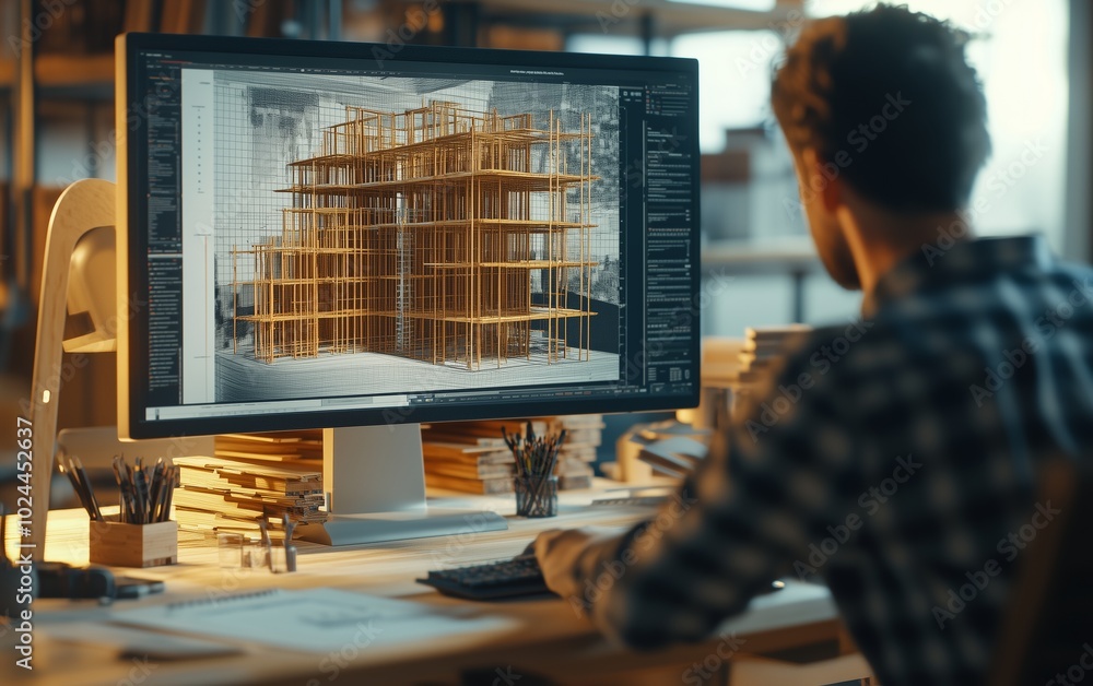 Architect working structural calculations for wooden residential ...