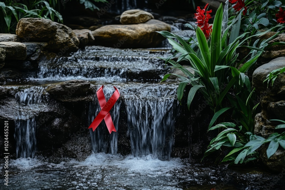 A beautiful waterfall cascades over rocks with vibrant plants. A red ...