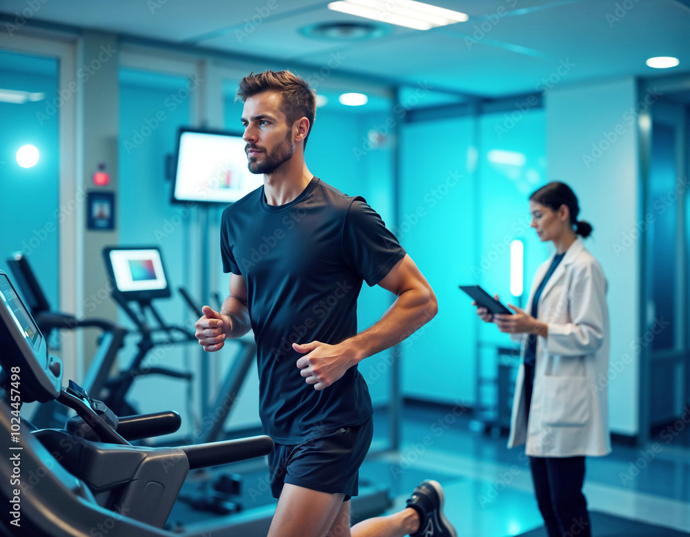 A man running on a treadmill during a fitness test while a doctor ...