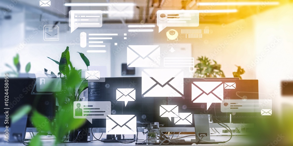A close-up collage of virtual email icons and chat messages floating in ...
