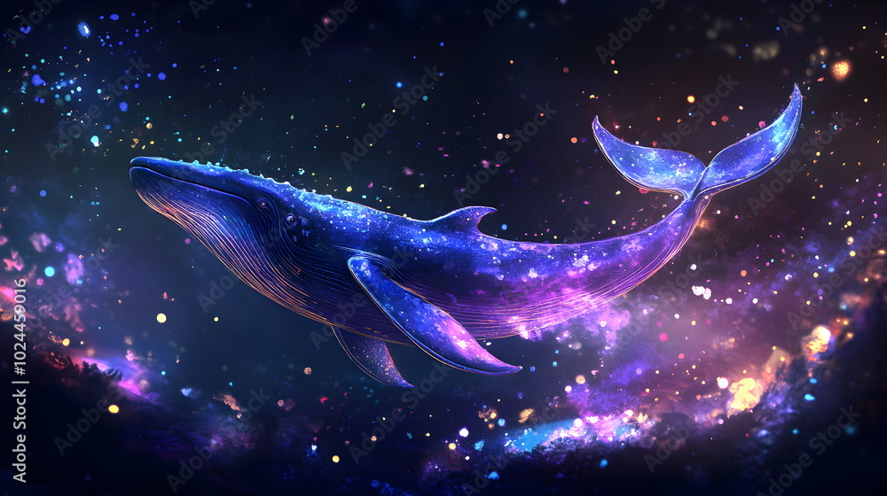 Celestial Whale: A luminous blue whale glides through a starry night ...