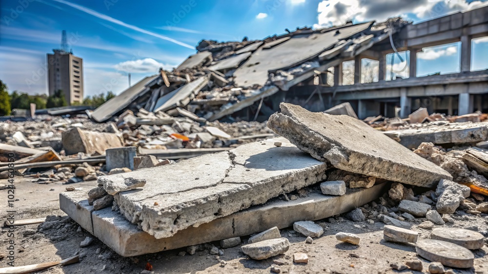 Detailed view of a fractured concrete slab in a construction zone ...