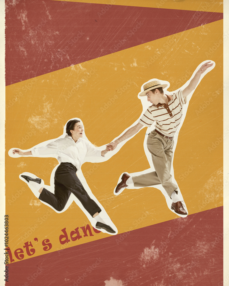 Charm of 30s and 40s era. Stylish young couple, man and woman joyfully ...